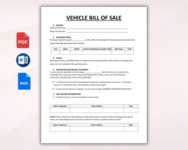 Vehicle Bill of Sale Template. Printable Car Sale Form. Bill of Sale ...