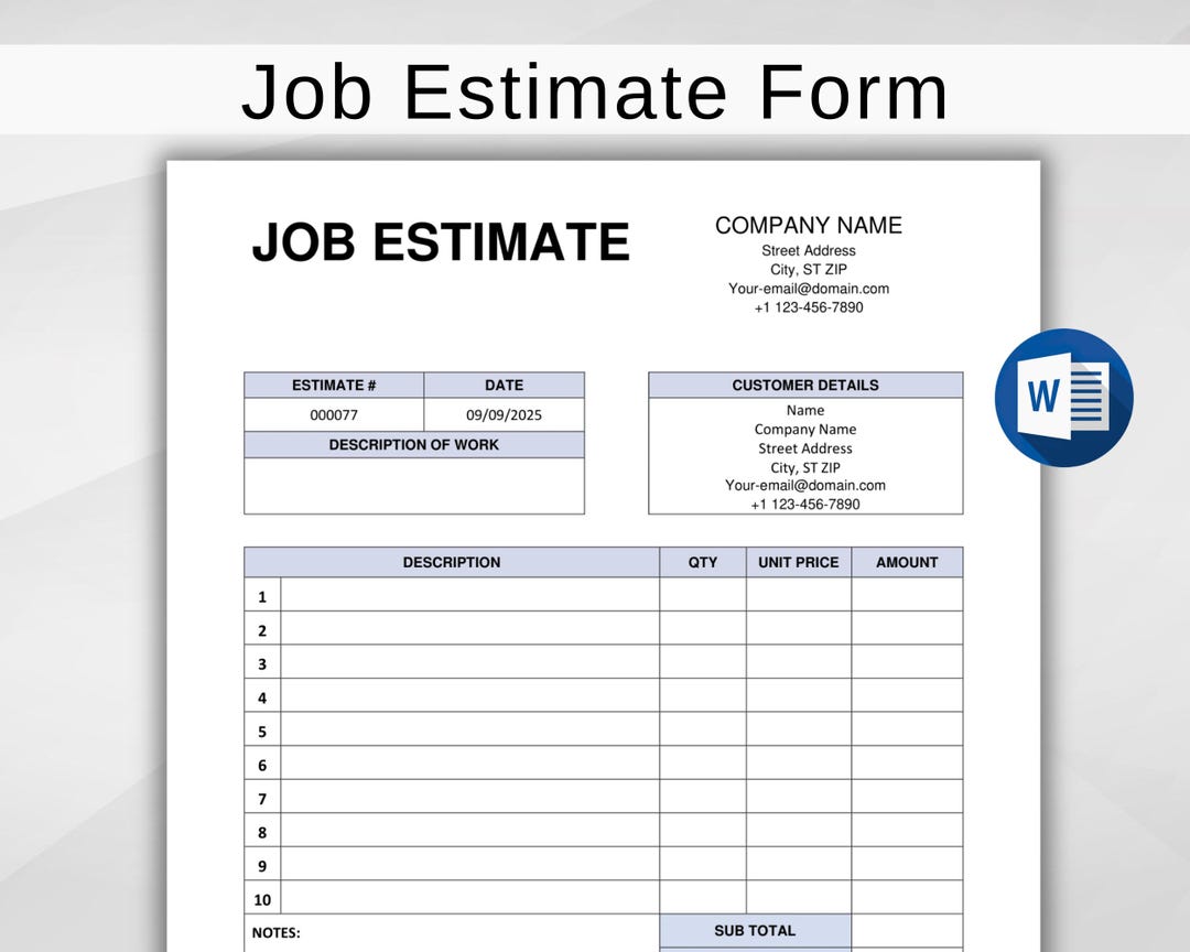 Job Estimate Template Printable. Estimate Form for Small Business ...