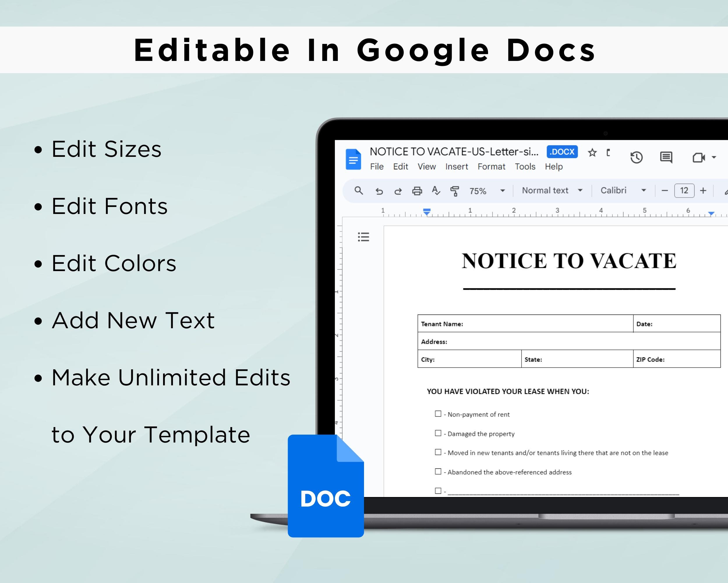 Printable Eviction Notice. Lease Termination Form. Editable Notice to ...