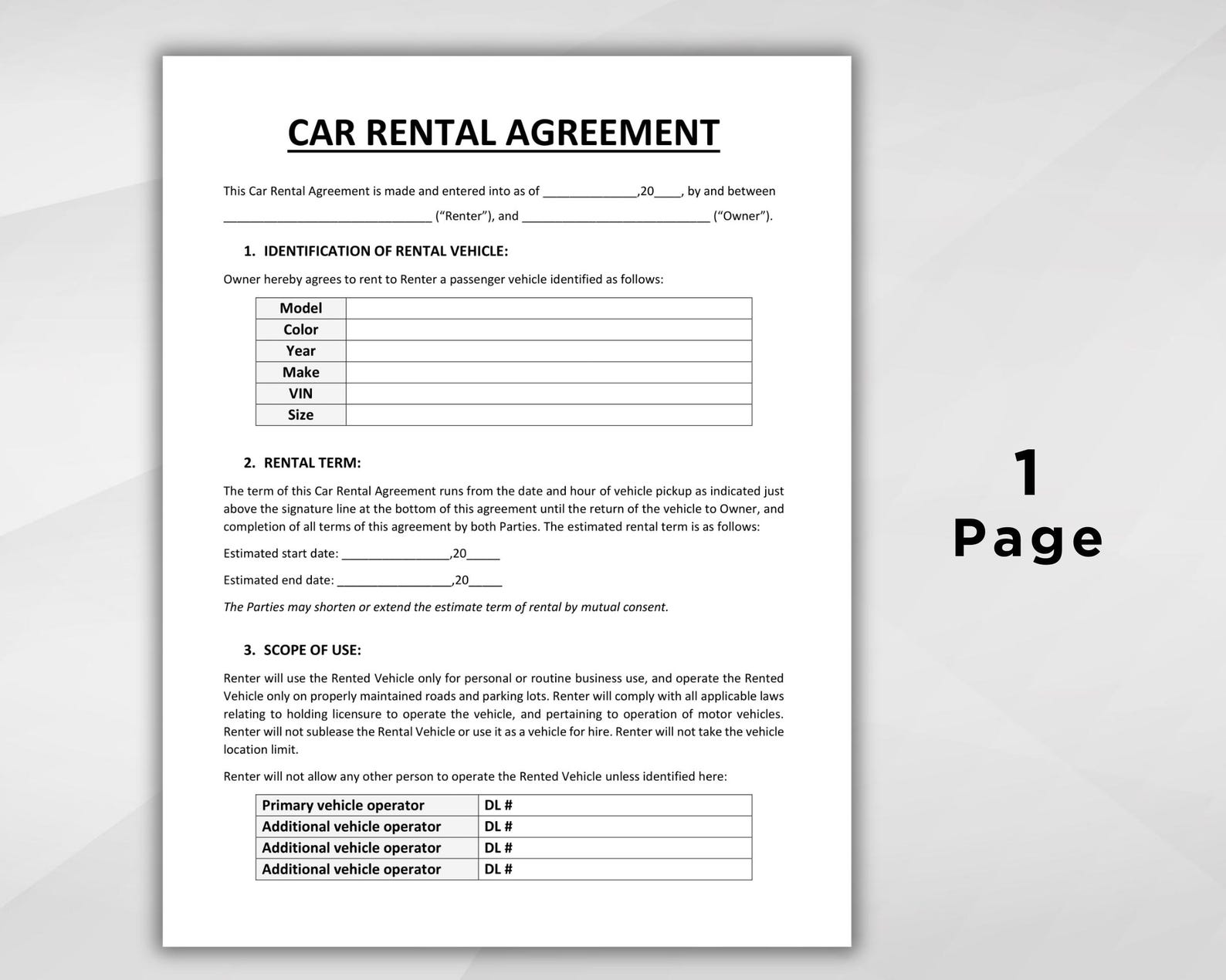 Car Rental Agreement Template Editable. Car Rental Contract. Printable ...