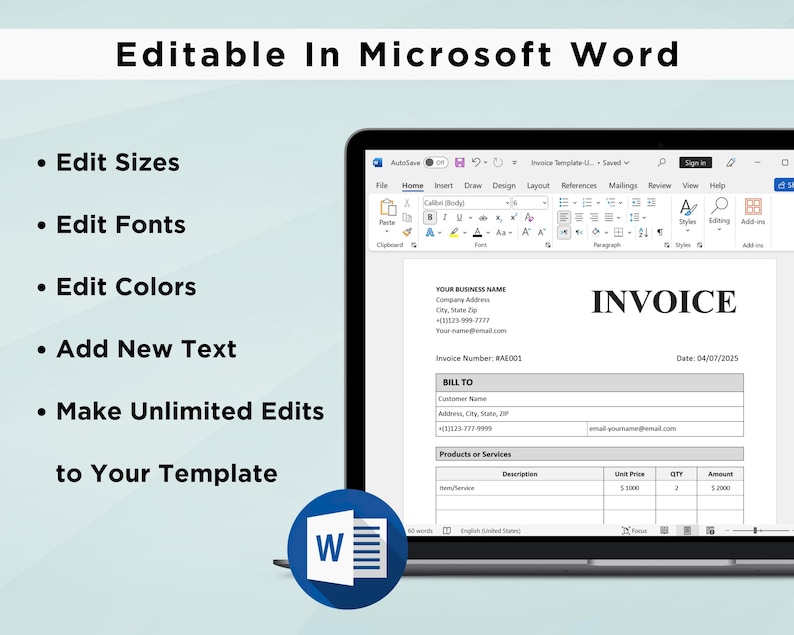 Invoice Template. Custom Invoice. Printable Invoice Form. Customizable ...