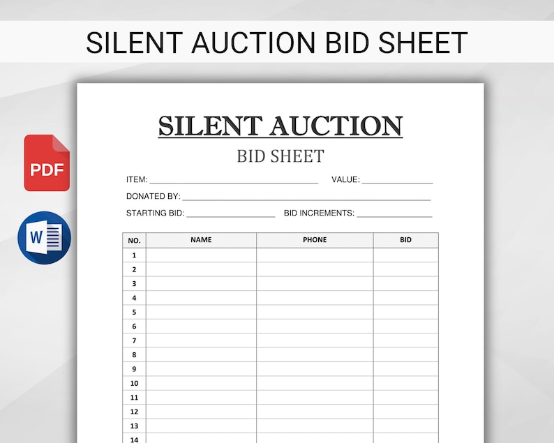 Printable Silent Auction Bid Sheet. Silent Auction Sign up Sheet. Fundraiser Sheet. Silent ...