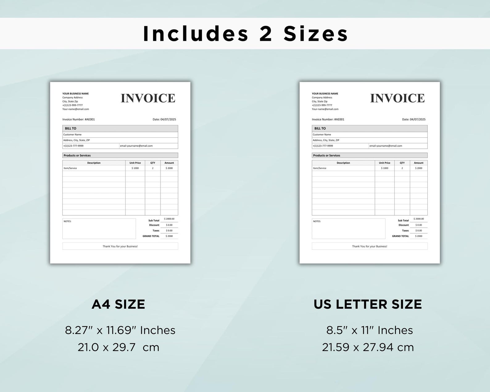 Invoice Template. Custom Invoice. Printable Invoice Form. Customizable ...