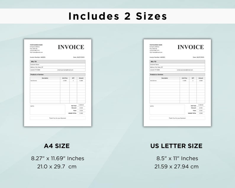 Invoice Template. Custom Invoice. Printable Invoice Form. Customizable ...