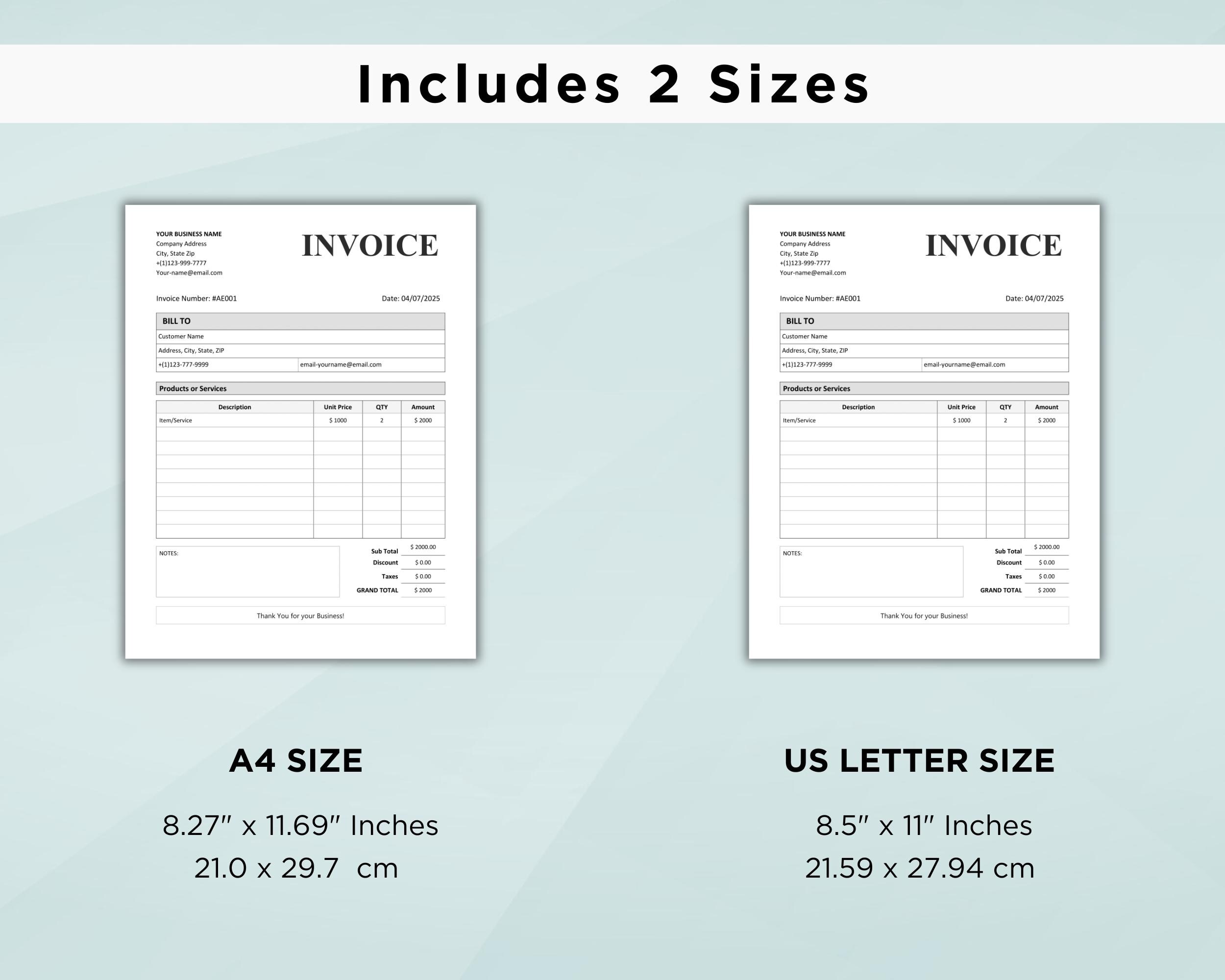 Invoice Template. Custom Invoice. Printable Invoice Form. Customizable ...