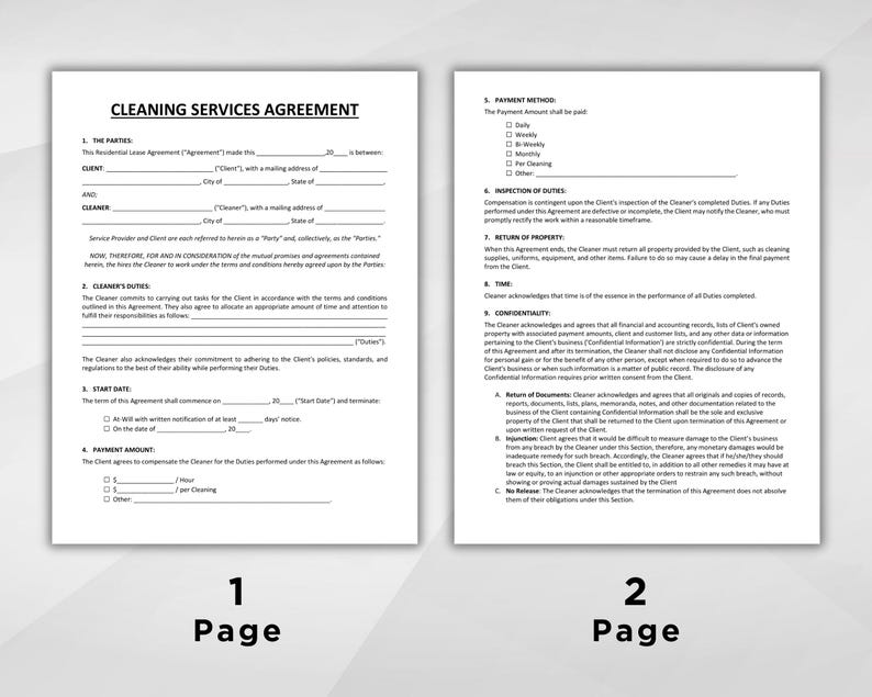 Cleaning Service Agreement Template. Printable Cleaning Business Forms. Editable Cleaning ...