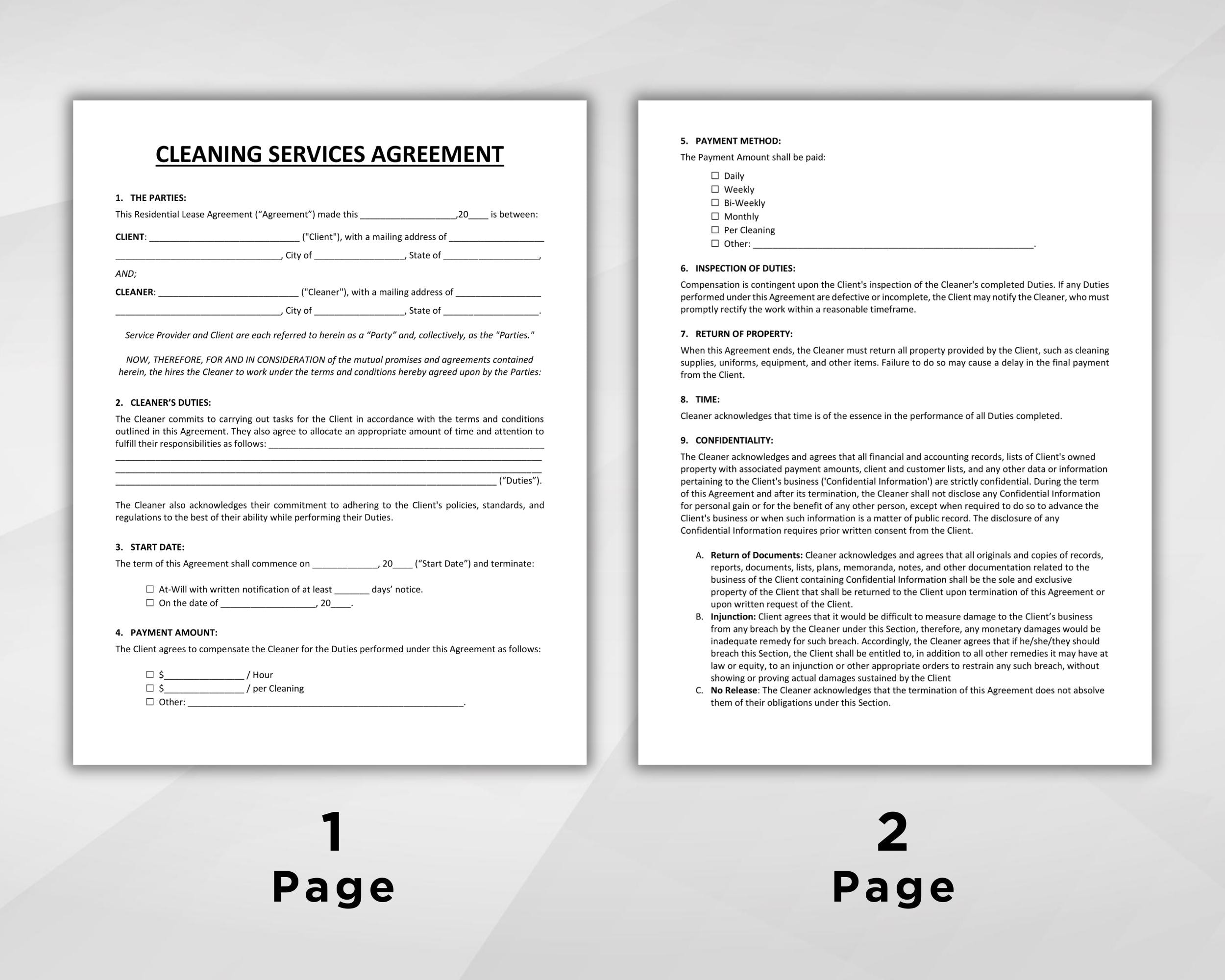 Cleaning Service Agreement Template. Printable Cleaning Business Forms ...