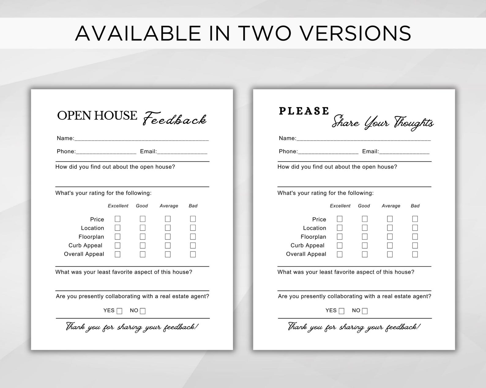 Open House Feedback Form. Printable Real Estate Open House ...