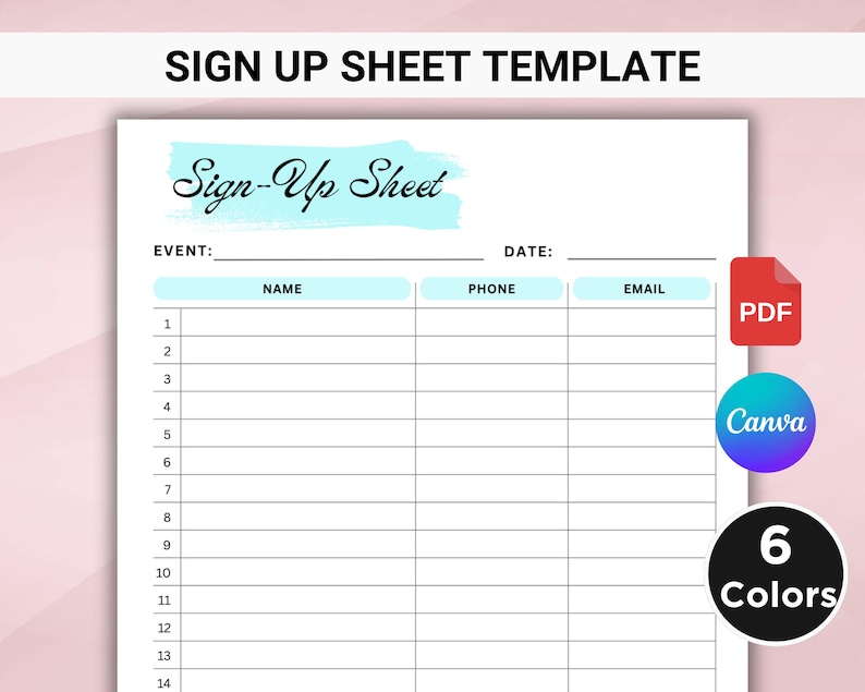Editable Sign up Sheet Template. Printable Sign up Template. Sign up ...