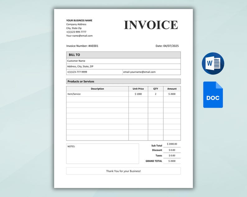 Invoice Template. Custom Invoice. Printable Invoice Form. Customizable ...
