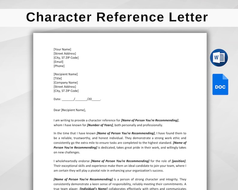 Professional Character Reference Letter Template. Printable Letter of ...