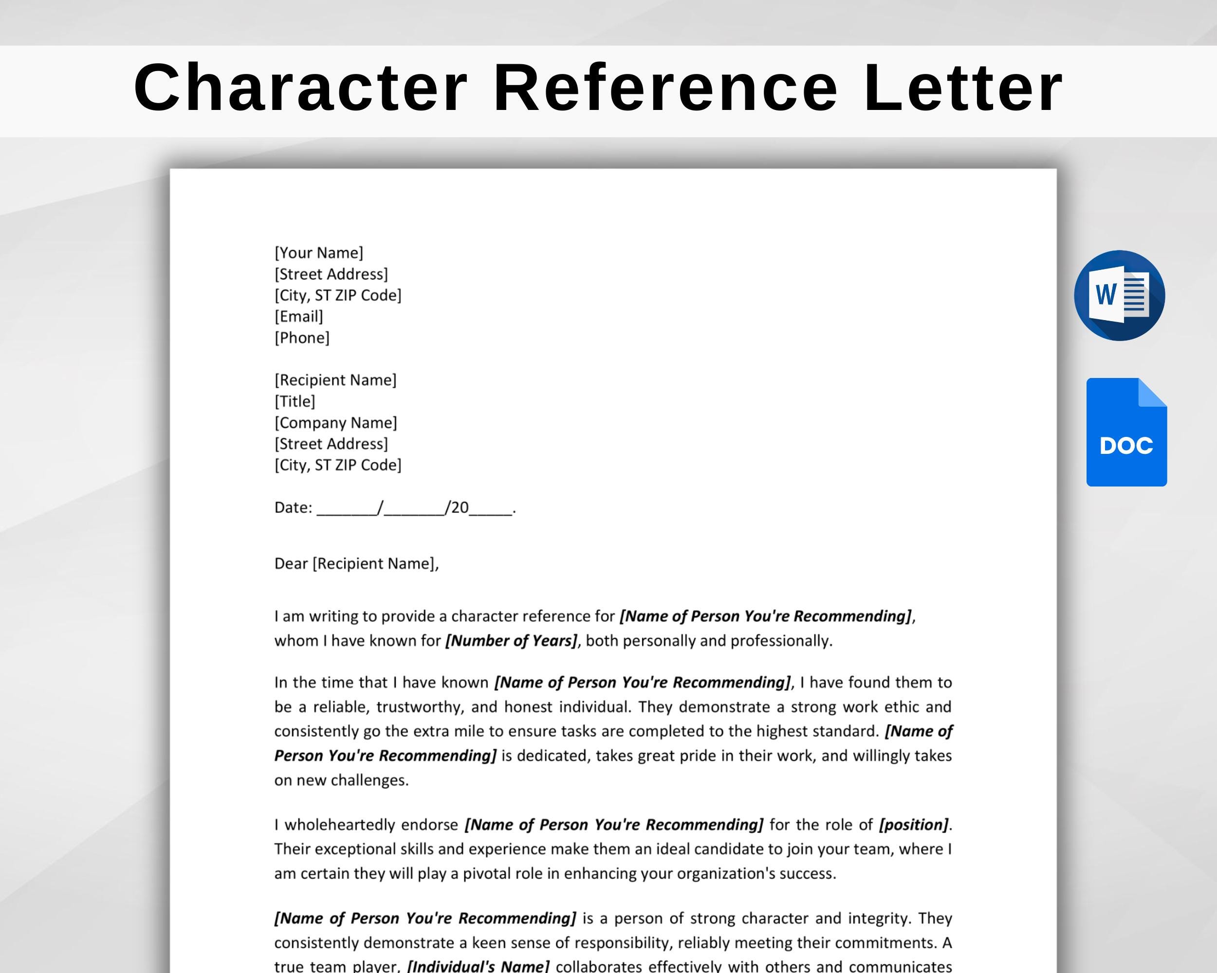 Professional Character Reference Letter Template. Printable Letter of ...