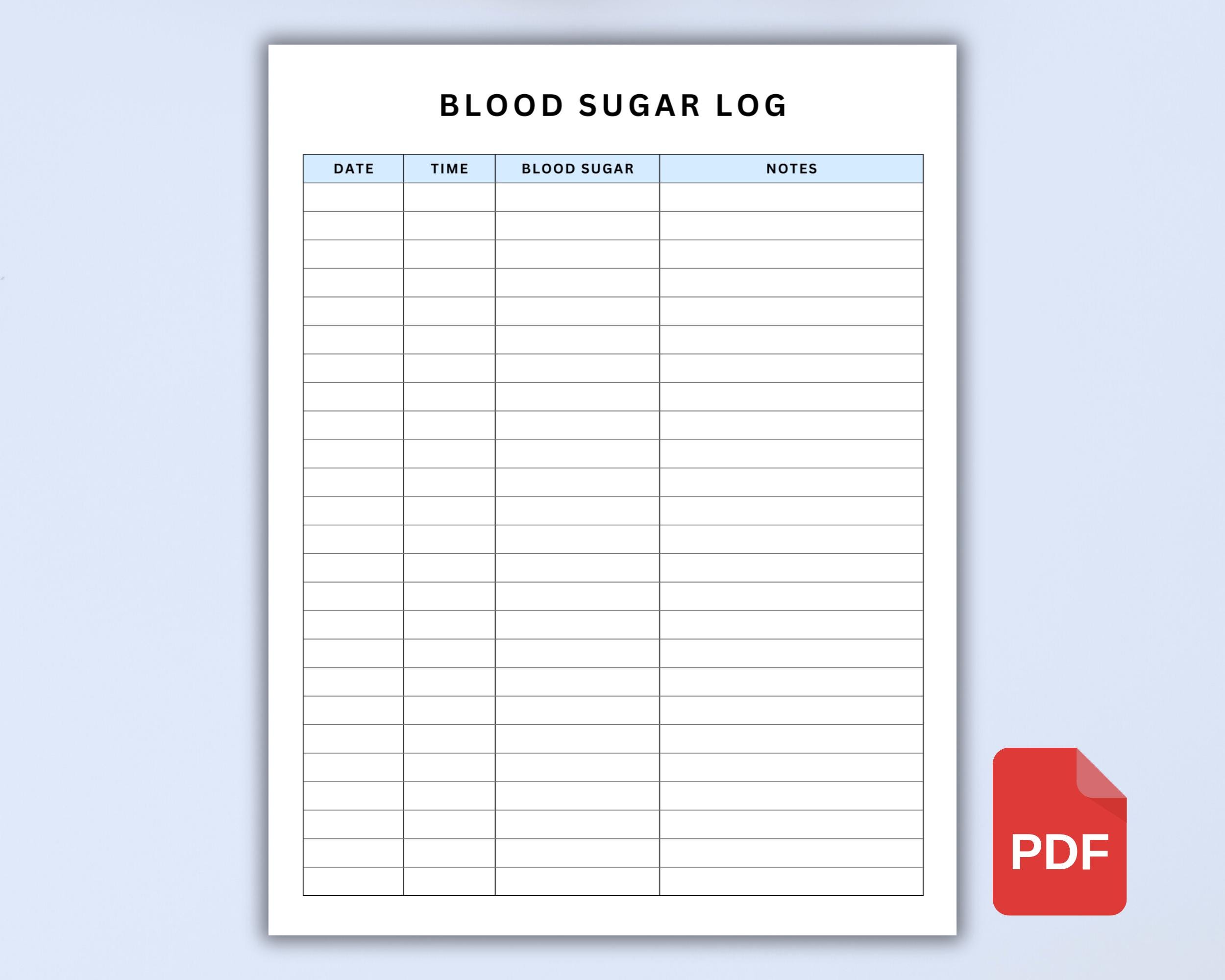 Blood Sugar Log Printable. Blood Sugar Reading Tracker. Blood Glucose ...