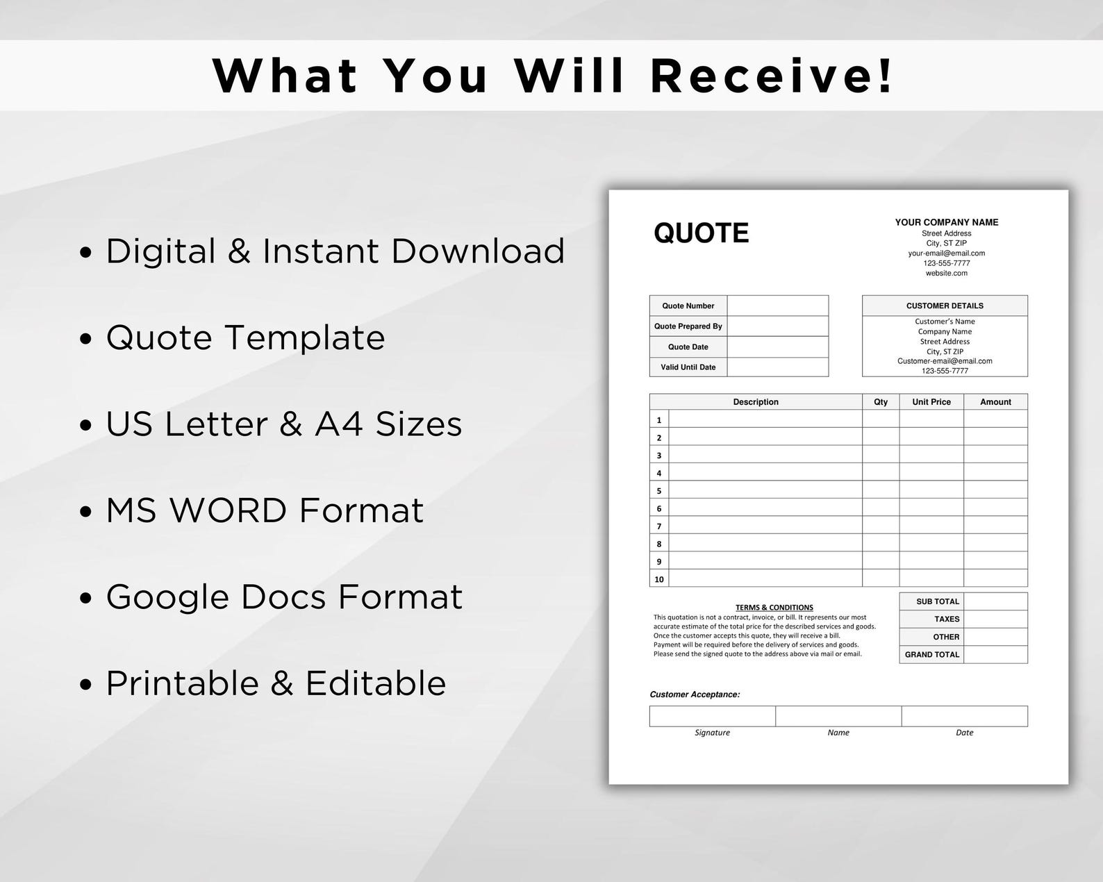 Quote Template. Quote Form. Job Proposal. Job Quote for Small Business ...