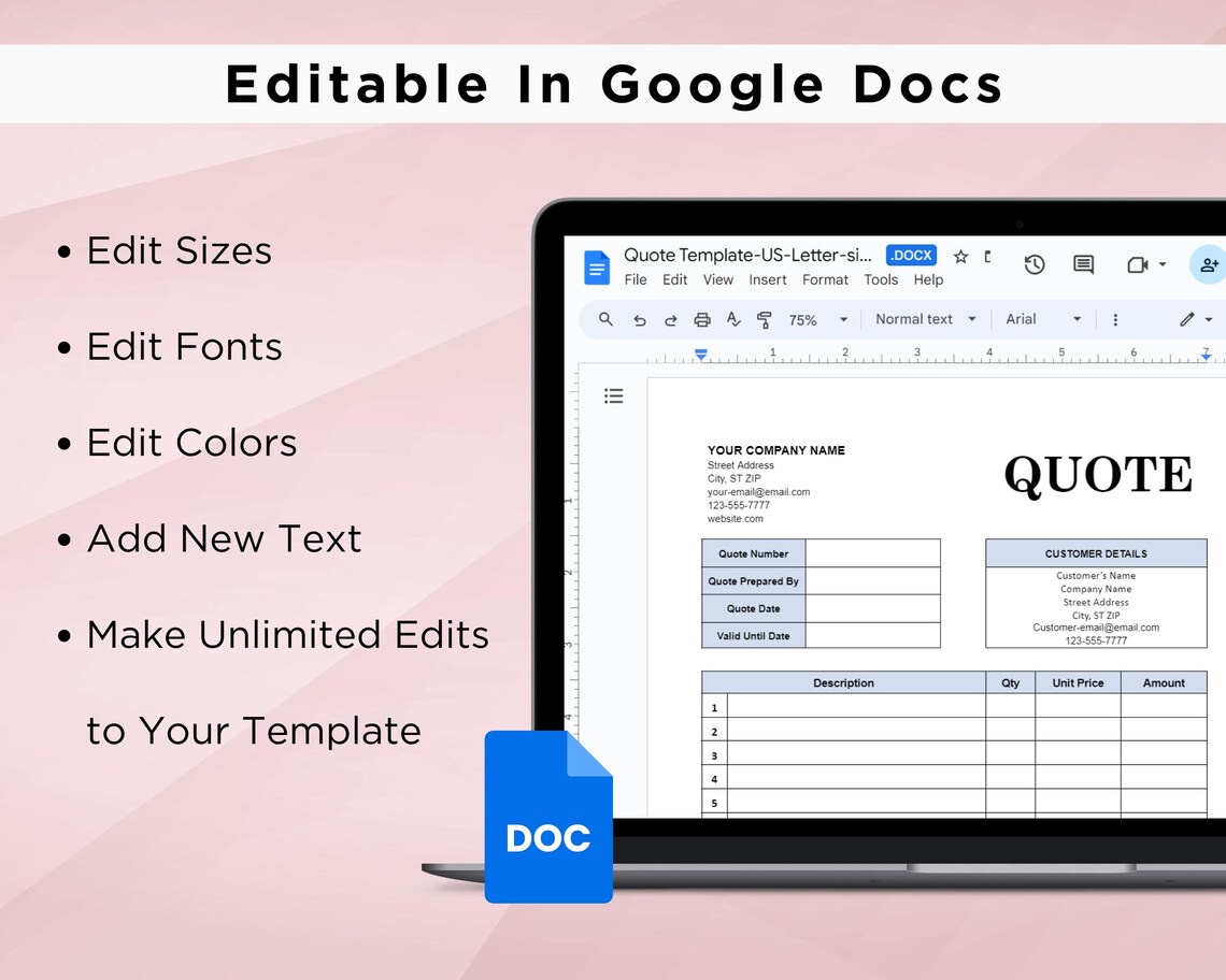 Editable Quote Template. Quote Form. Job Proposal. Job Quote for Small ...
