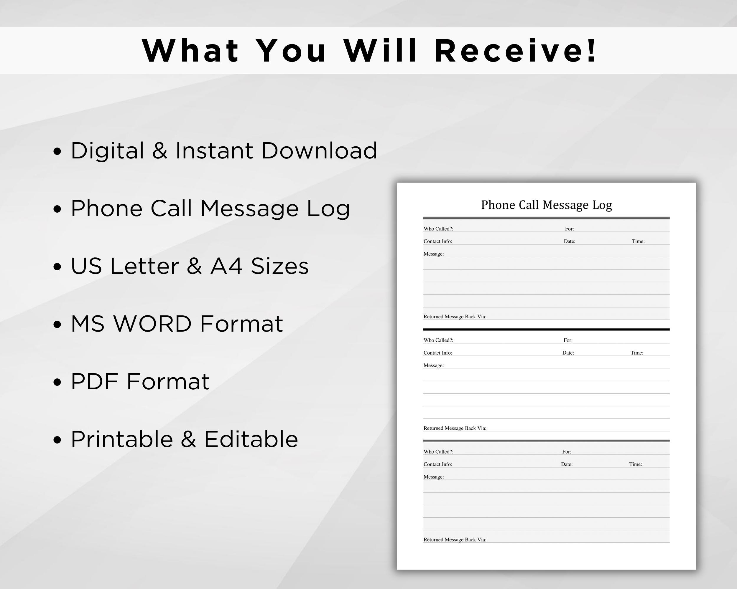 Phone Call Log Printable PDF. Telephone Message Log for Office ...