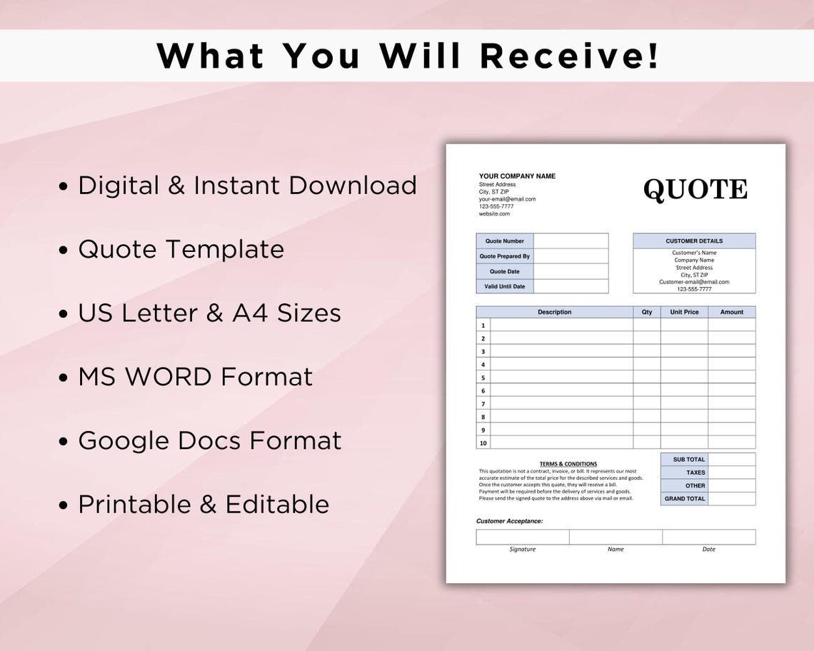 Editable Quote Template. Quote Form. Job Proposal. Job Quote for Small ...