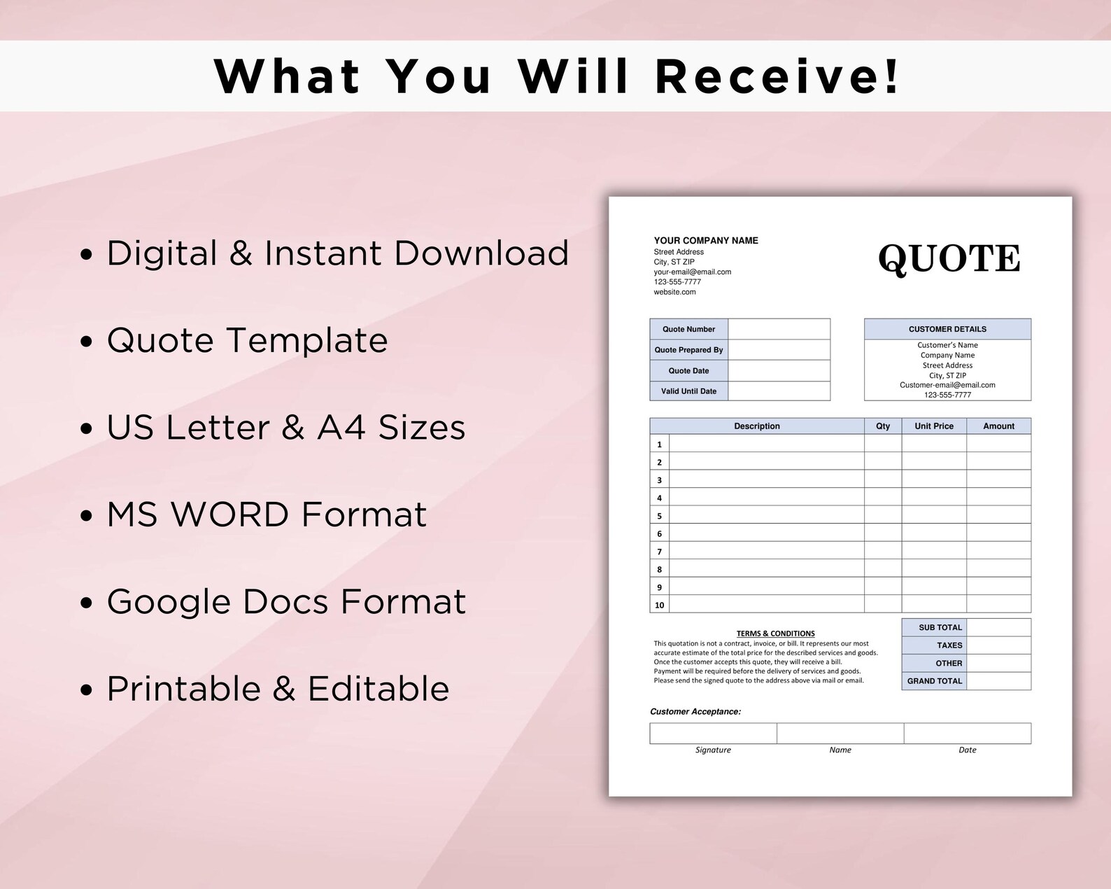 Editable Quote Template. Quote Form. Job Proposal. Job Quote for Small ...