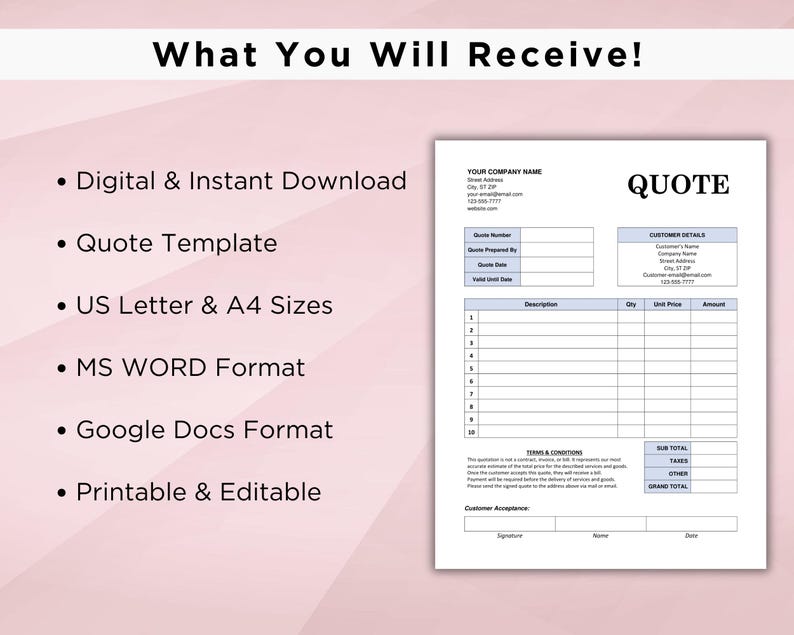 Editable Quote Template. Quote Form. Job Proposal. Job Quote for Small ...