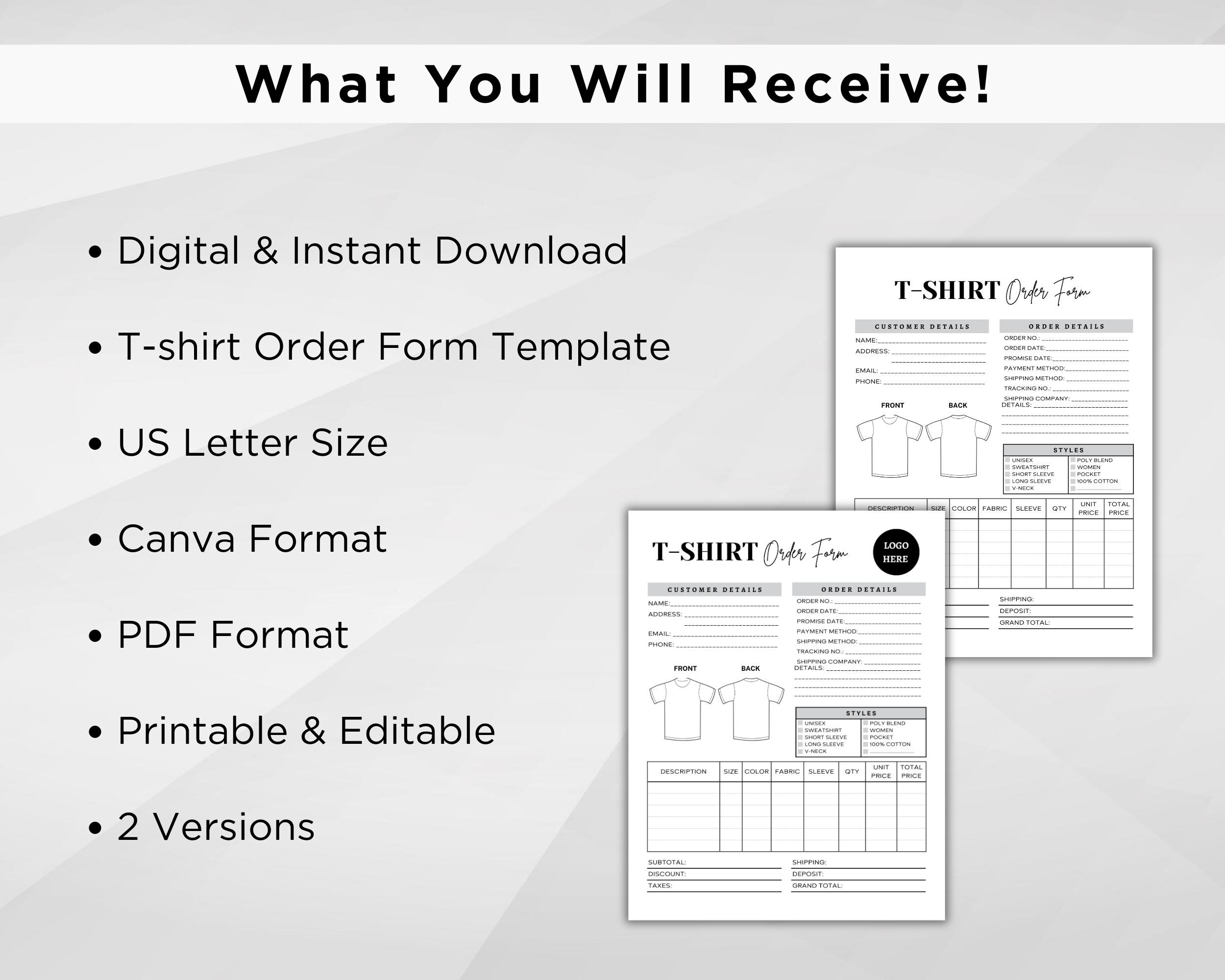 Editable T-shirt Order Form Template. Printable Small Business Order ...