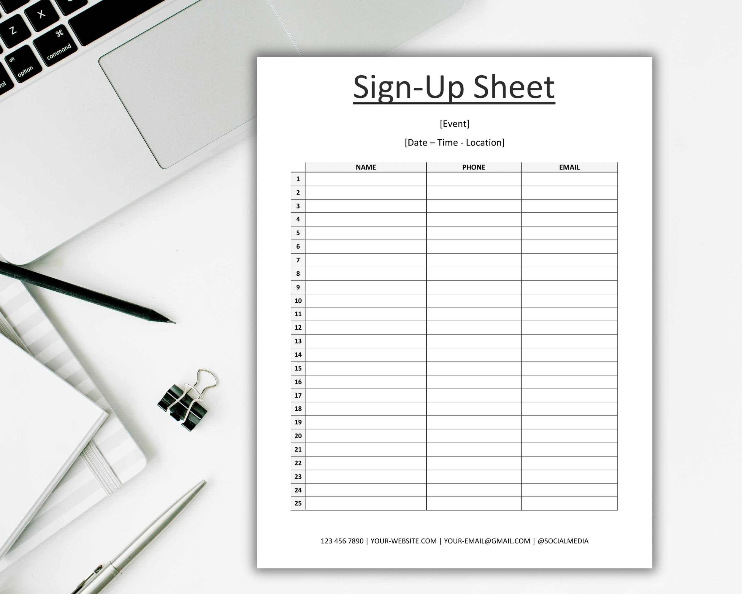Editable Sign up Sheet. Sign up Template. Event Sign up Sheet ...