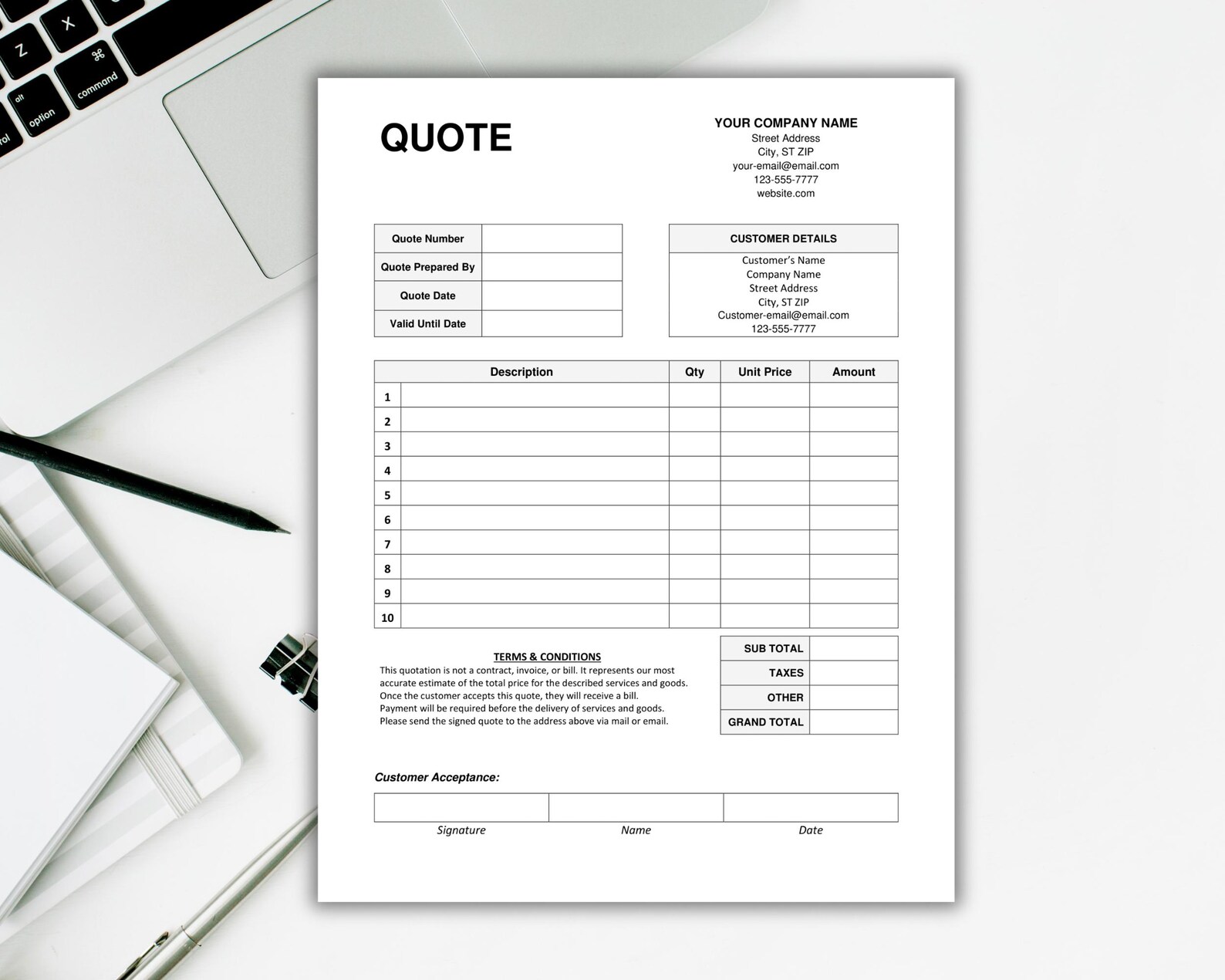 Quote Template. Quote Form. Job Proposal. Job Quote for Small Business ...