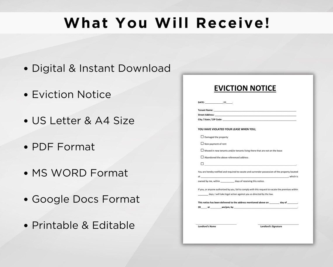 Editable Eviction Notice. Notice to Vacate Template. Lease Termination Form. Landlord Rental ...