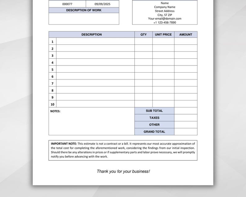 Job Estimate Template Printable. Estimate Form for Small Business ...