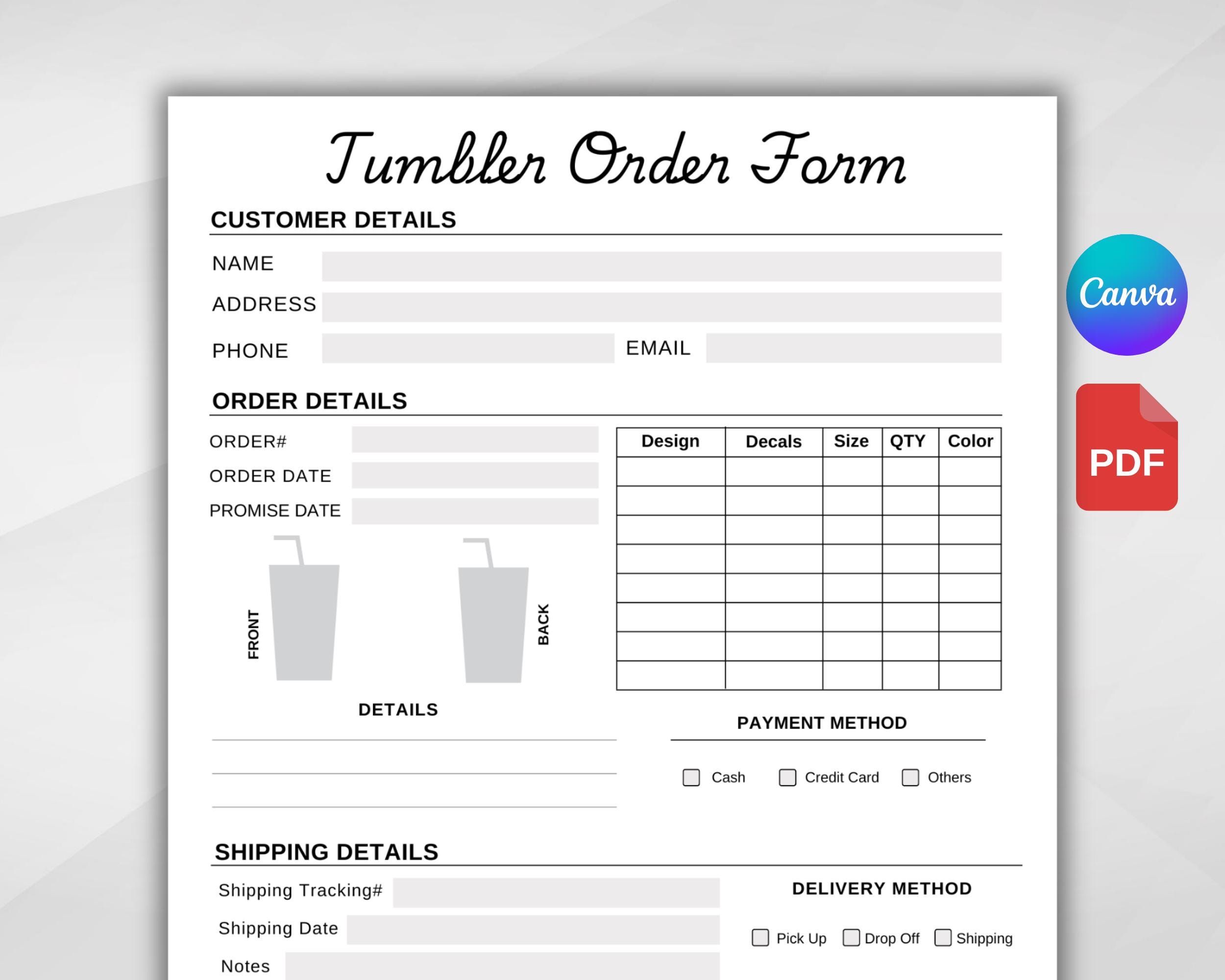 EDITABLE Tumbler Order Form Custom Tumbler Form Printable Tumbler Work ...