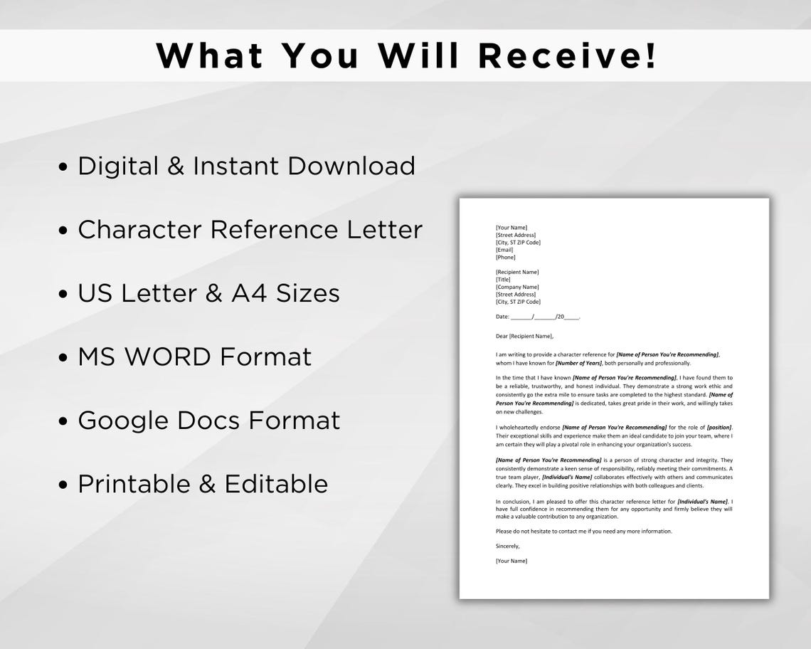 Professional Character Reference Letter Template. Printable Letter of ...