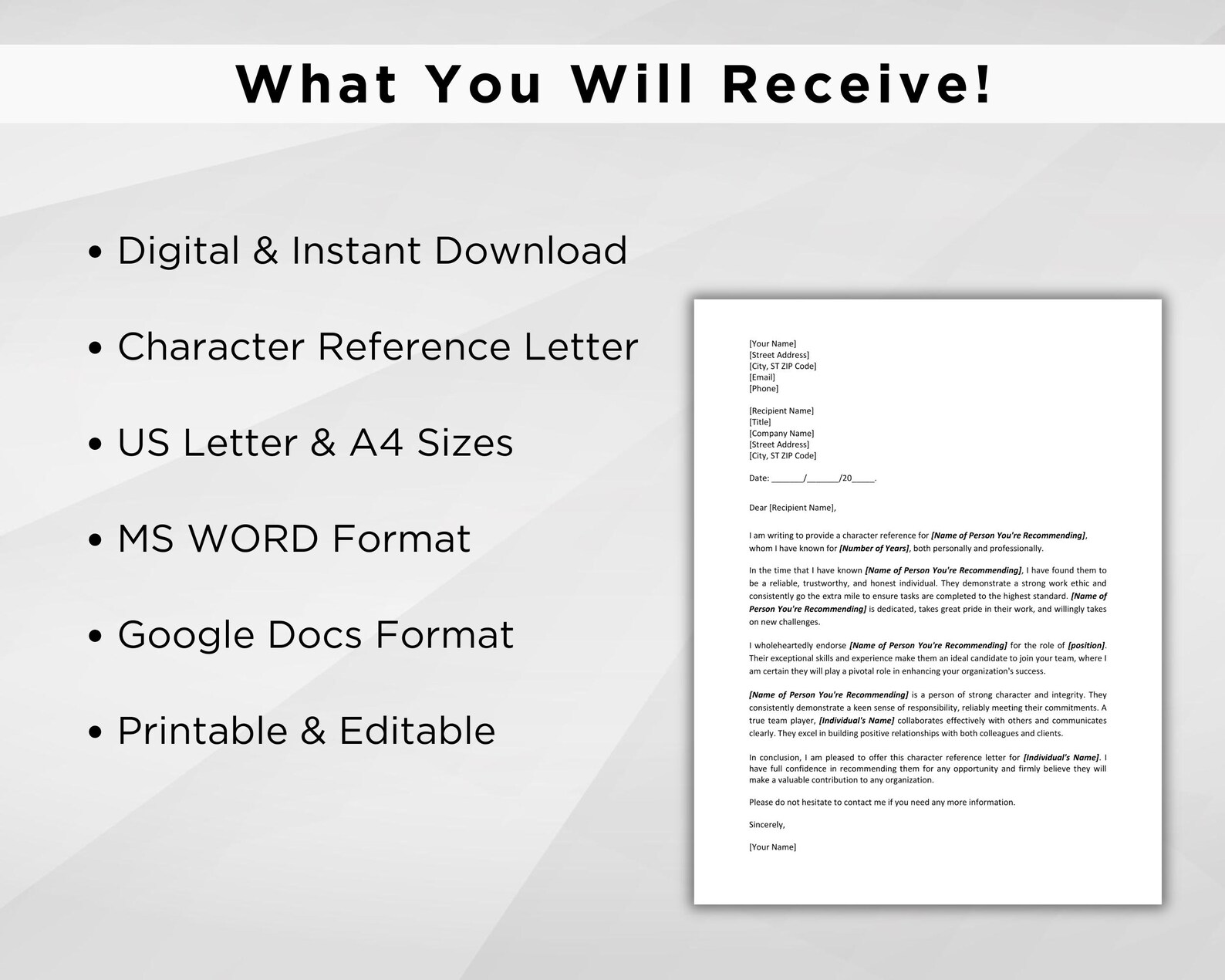 Professional Character Reference Letter Template. Printable Letter of ...