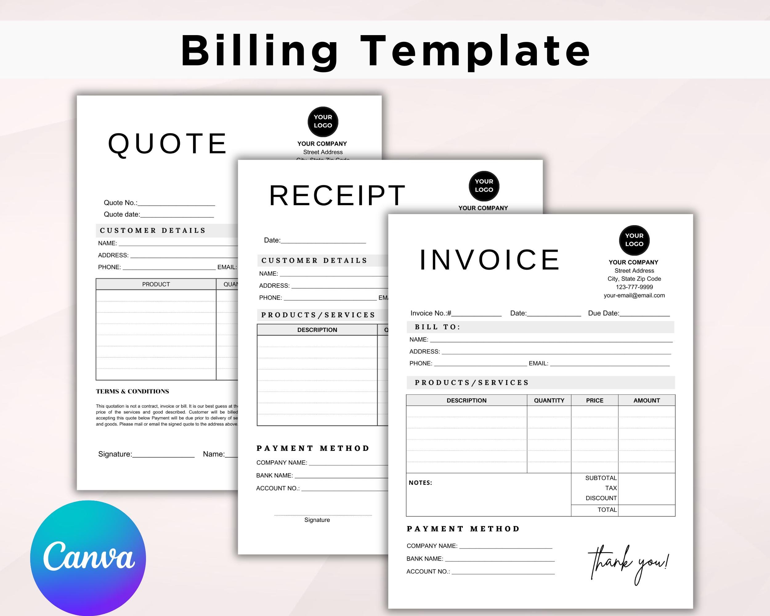 EDITABLE Small Business Invoice Templates Quote Template Receipt ...