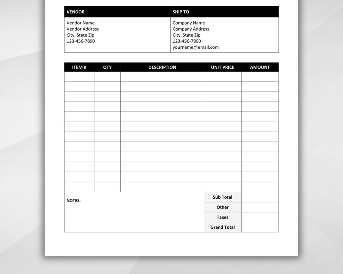 Editable Purchase Order Template. Printable Purchase Order Form. Order ...