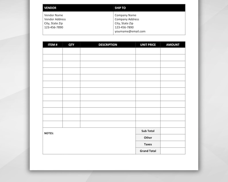 Editable Purchase Order Template. Printable Purchase Order Form. Order ...