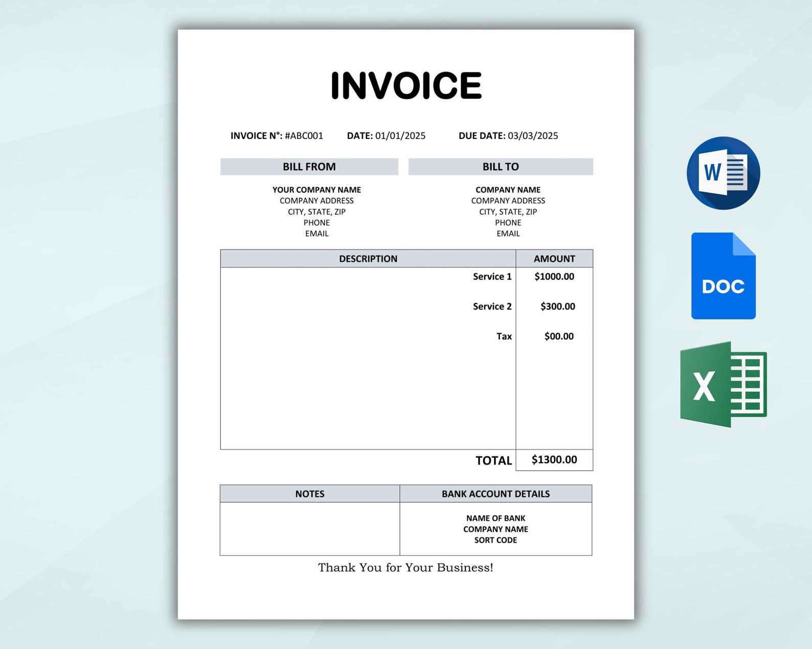 Editable Invoice Template. Printable Invoice Word. Custom Invoice Form ...