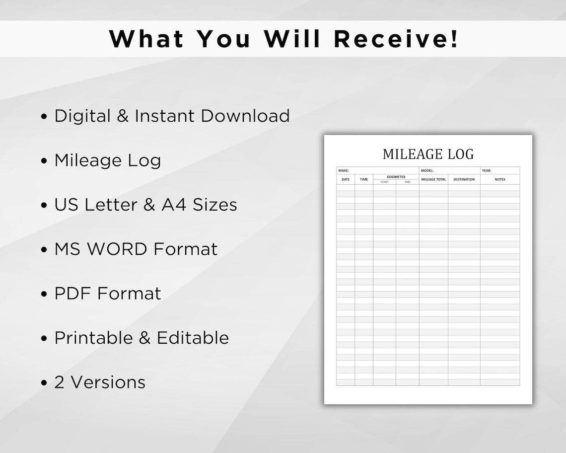 Mileage Tracker. Printable Mileage Log. Work Trip Miles Tracker ...