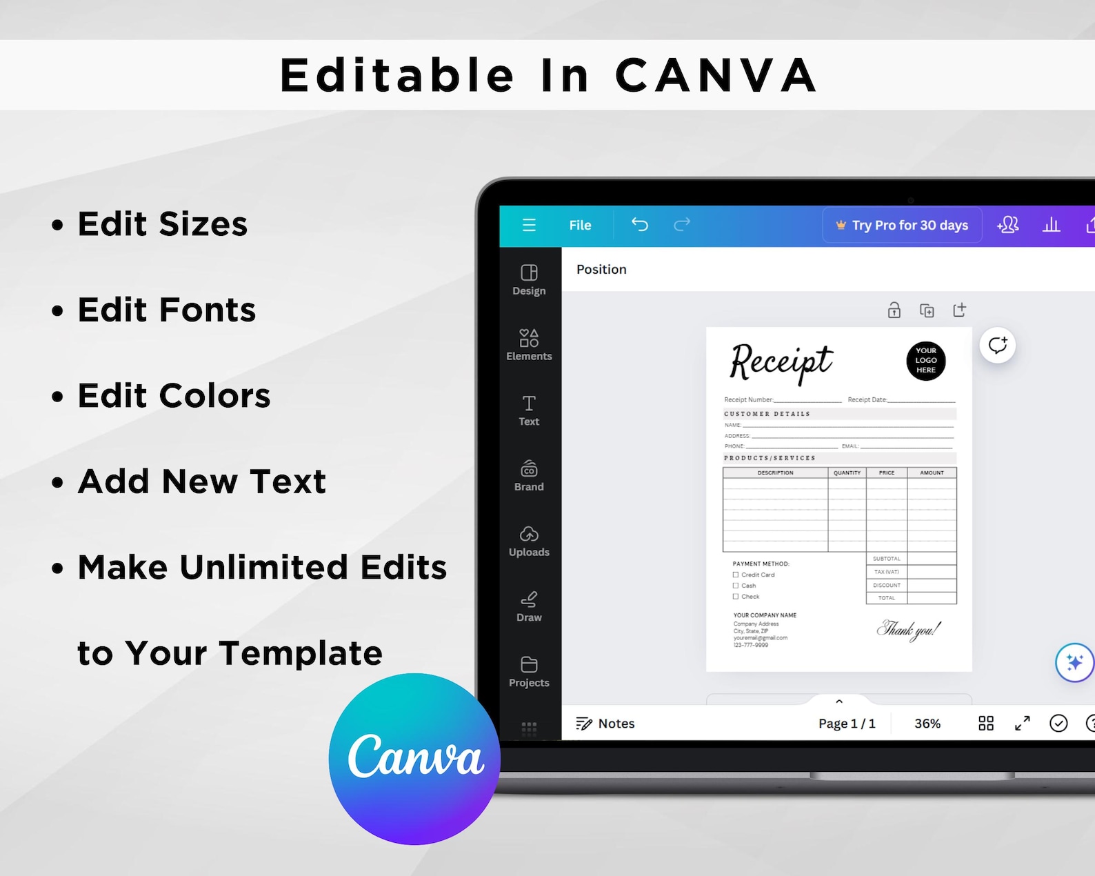 Editable Receipt Template. Small Business Digital Receipt. Receipt Form ...