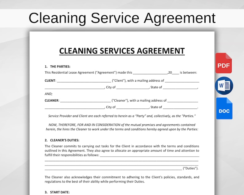 Cleaning Service Agreement Template. Printable Cleaning Business Forms ...