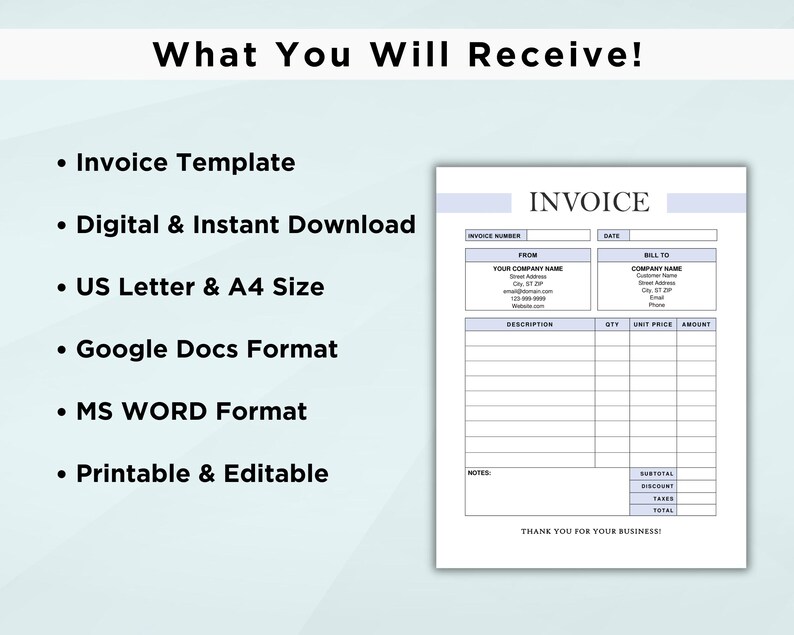 Invoice Template. Custom Invoice. Printable Invoice Form. Receipt ...