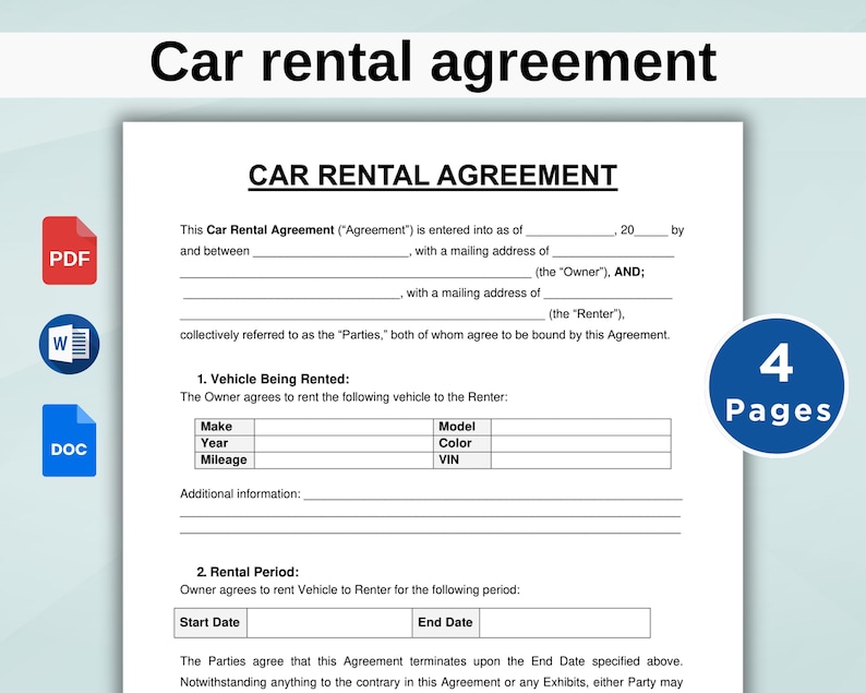Car Rental Agreement Templates. Car Rental Contract. Printable Vehicle ...