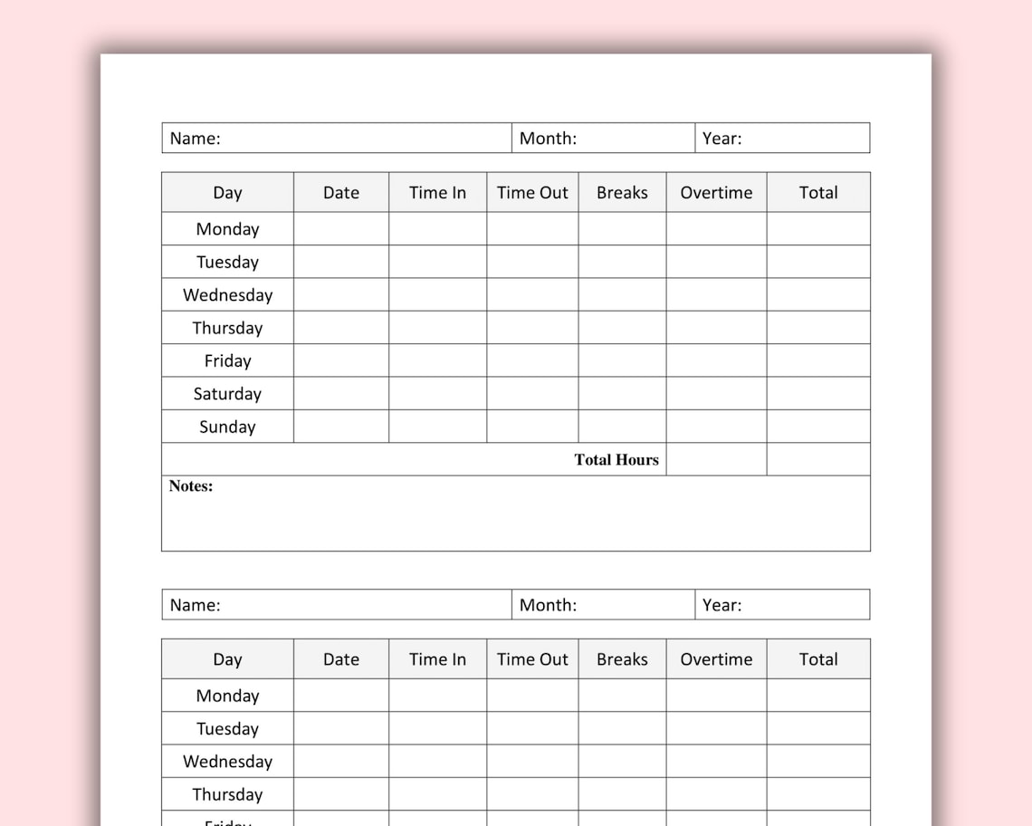 Printable Weekly Time Sheet Log. Time Keeping Log. Timesheet Log. Time ...