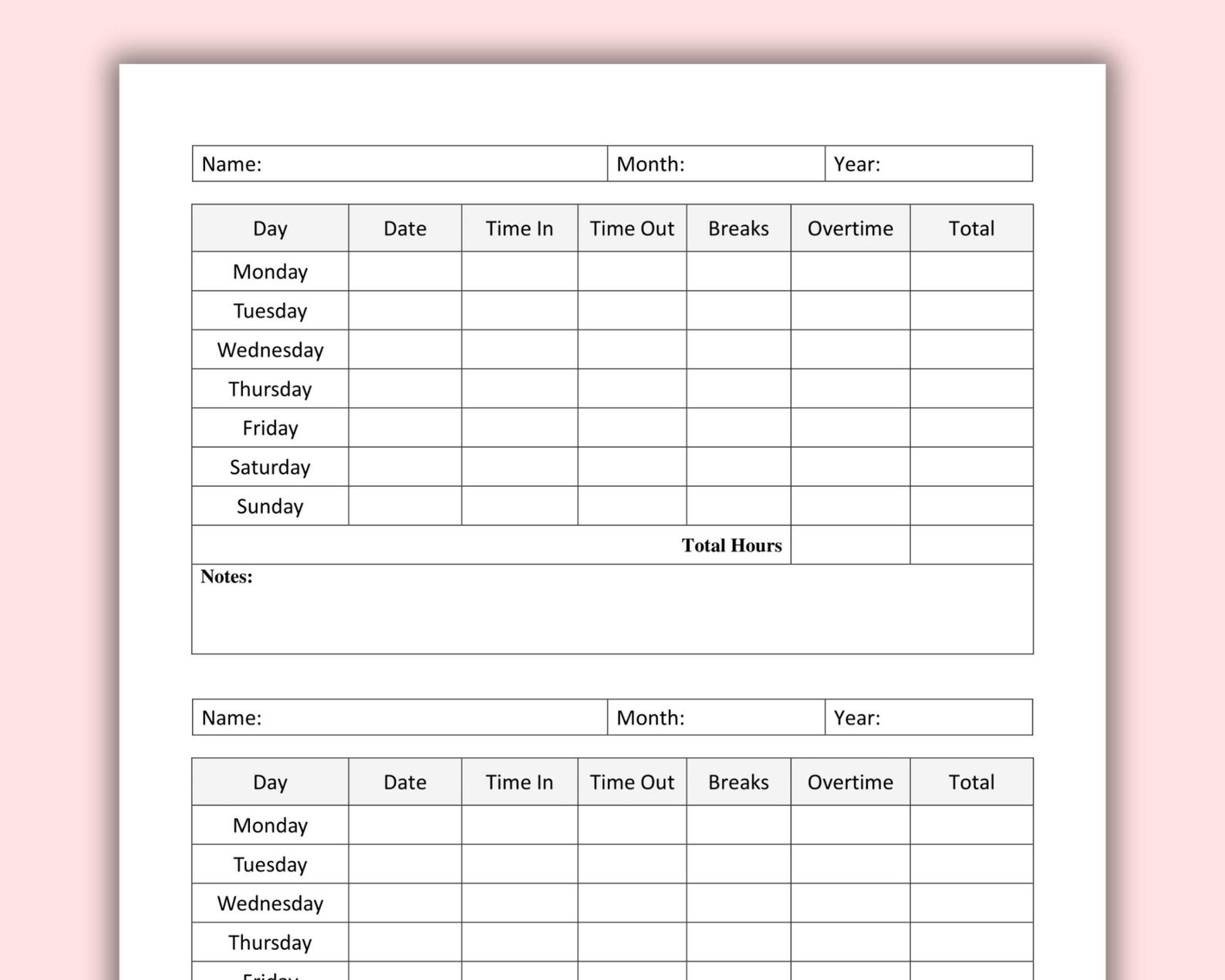 Printable Weekly Time Sheet Log. Time Keeping Log. Timesheet Log. Time ...