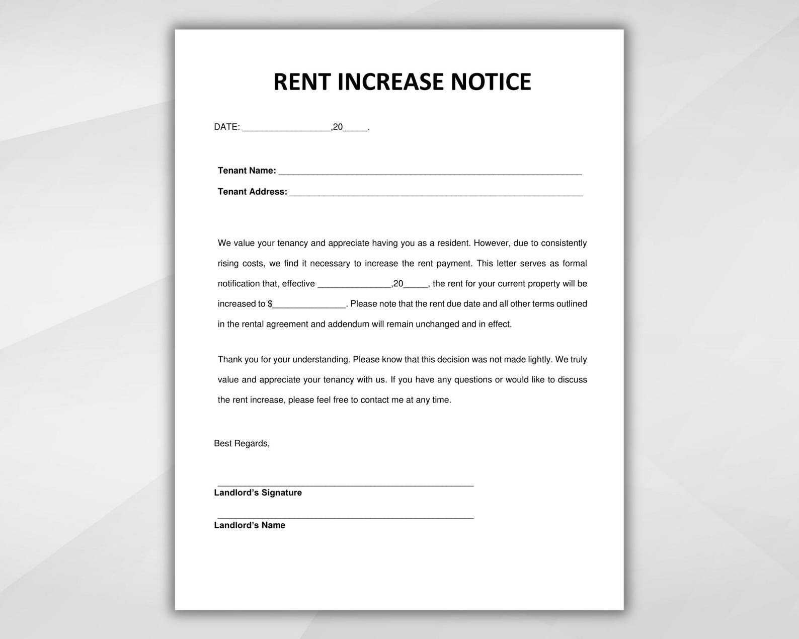 Rental Increase Notice. Rental Increase Form. Rental Increase Letter ...