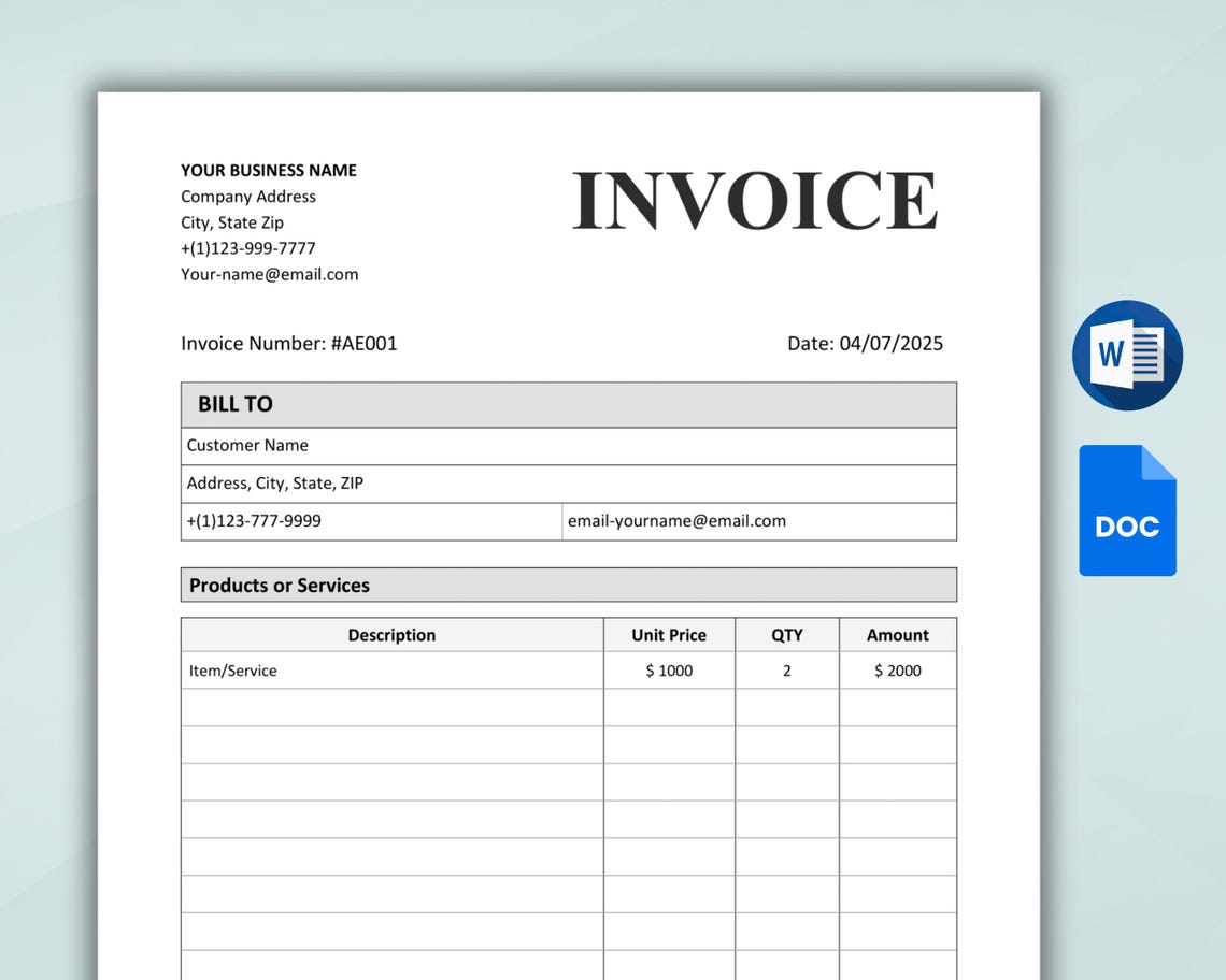Invoice Template. Custom Invoice. Printable Invoice Form. Customizable ...