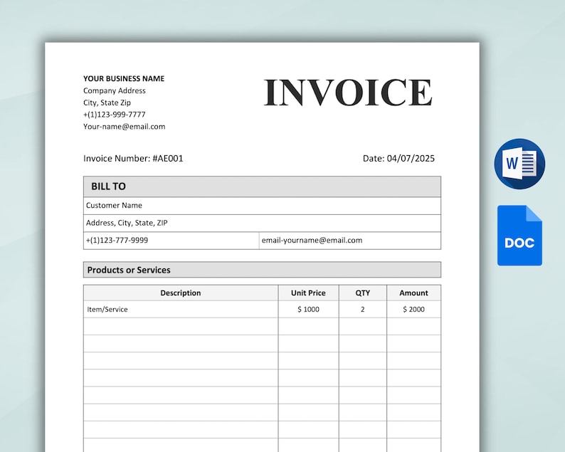 Invoice Template. Custom Invoice. Printable Invoice Form. Customizable ...