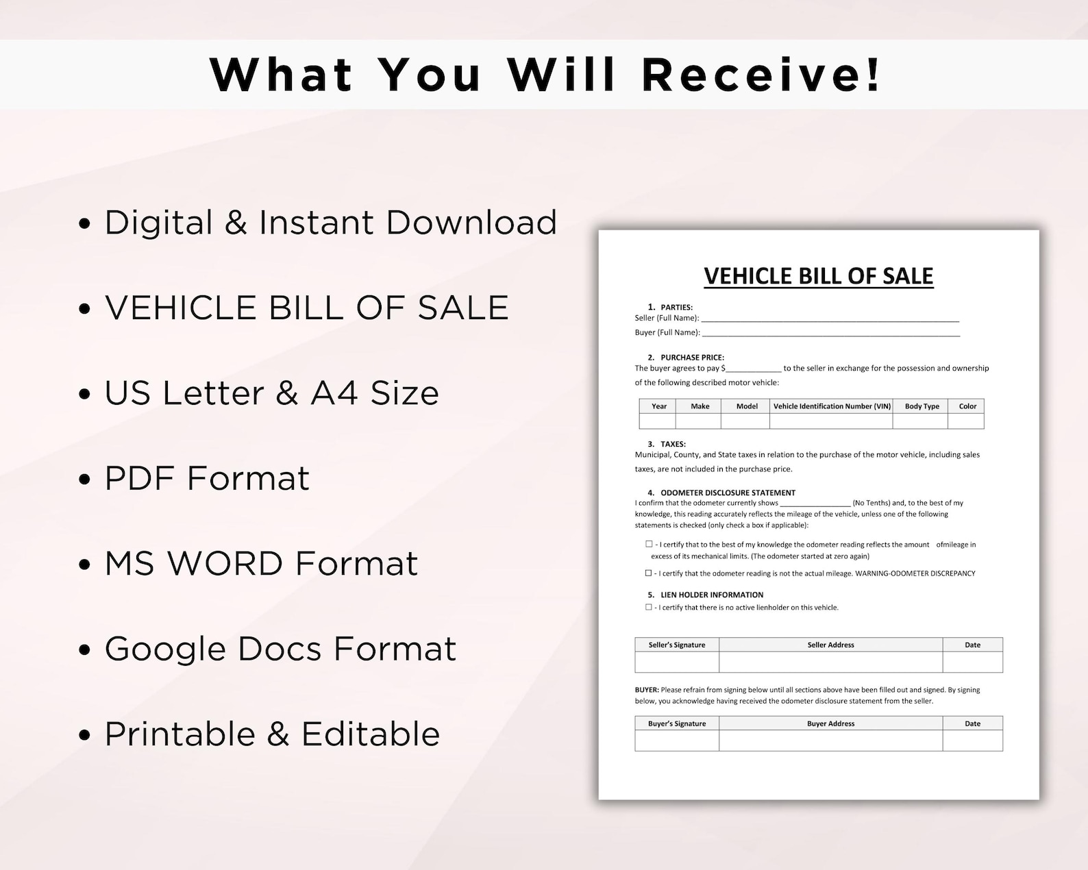 Vehicle Bill of Sale Template. Printable Car Sale Form. Bill of Sale ...