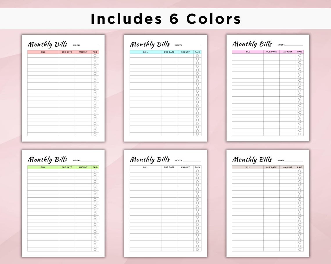 Printable Monthly Bill Log. Bill Planner. Bill Payment Checklist ...