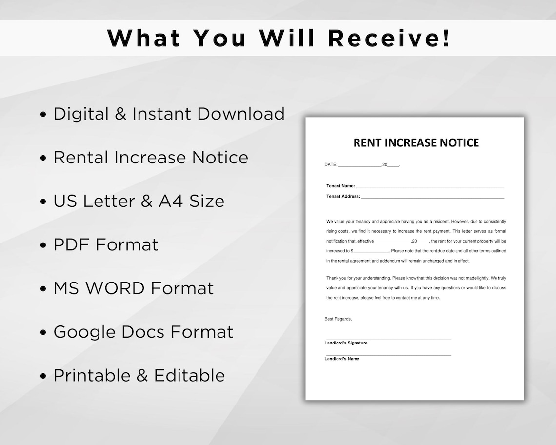Rental Increase Notice. Rental Increase Form. Rental Increase Letter ...