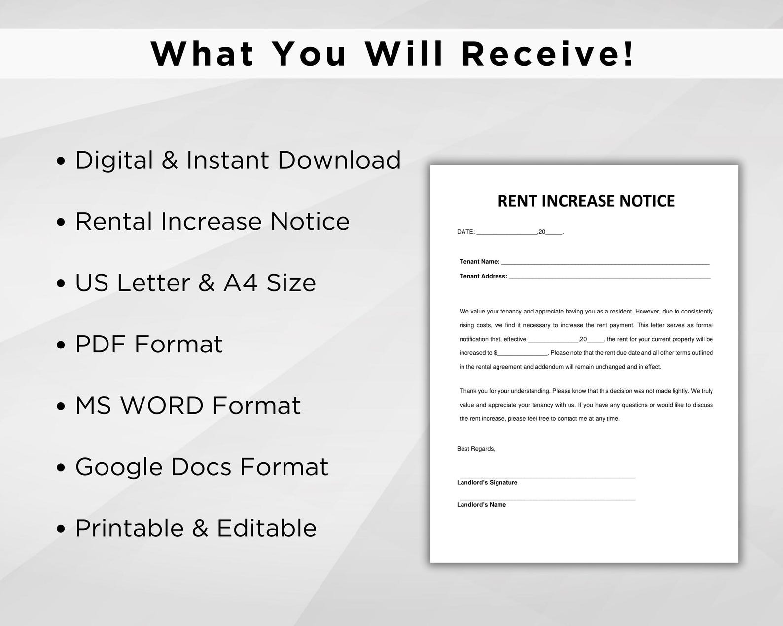 Rental Increase Notice. Rental Increase Form. Rental Increase Letter ...