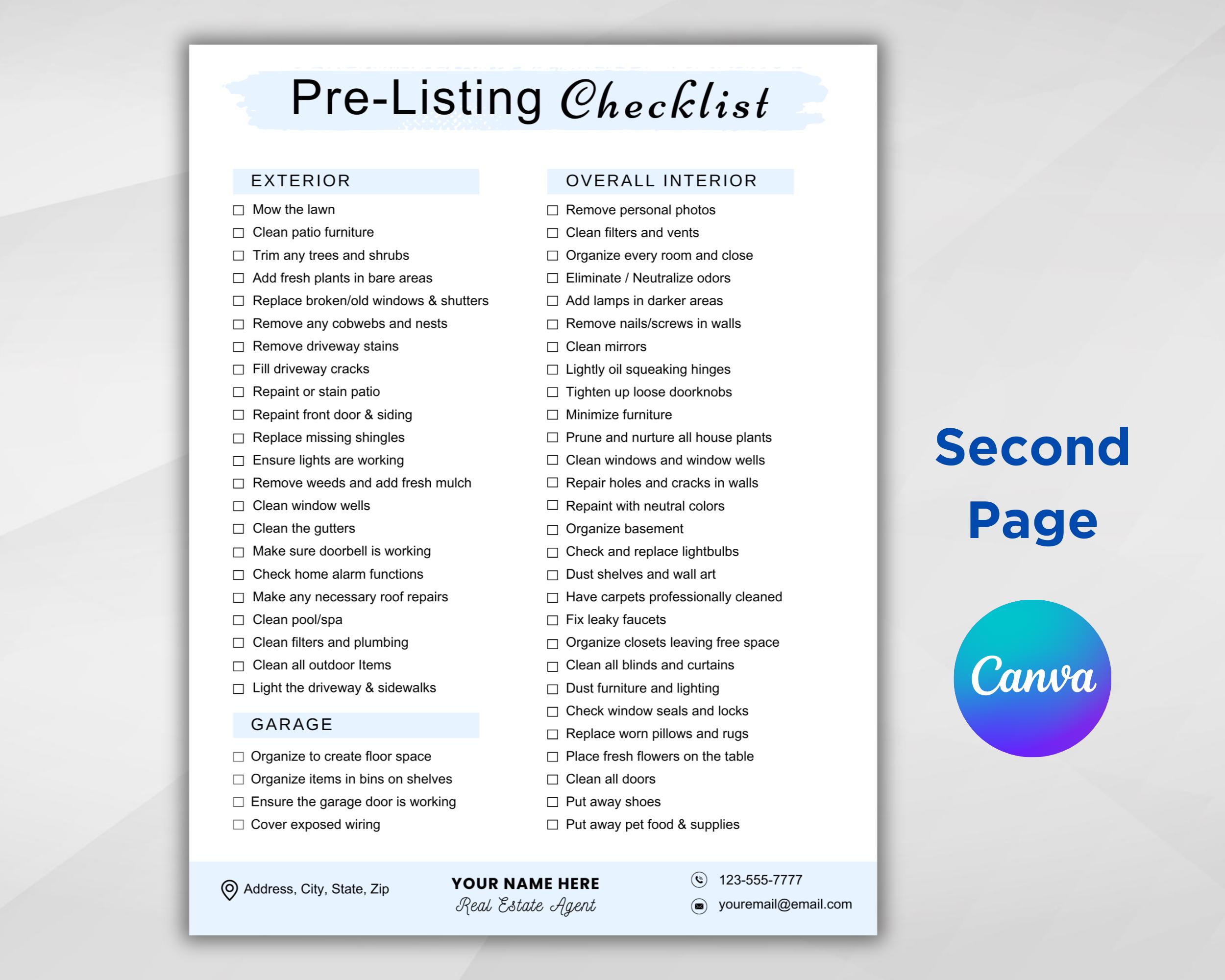 Pre-listing Checklist. Real Estate Prelisting Template. Sellers Agent ...